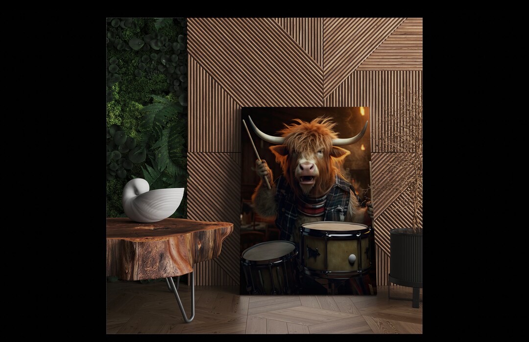 Highland Cow Drummer Playing Drums. Colour Portrait INSTANT DIGITAL ...