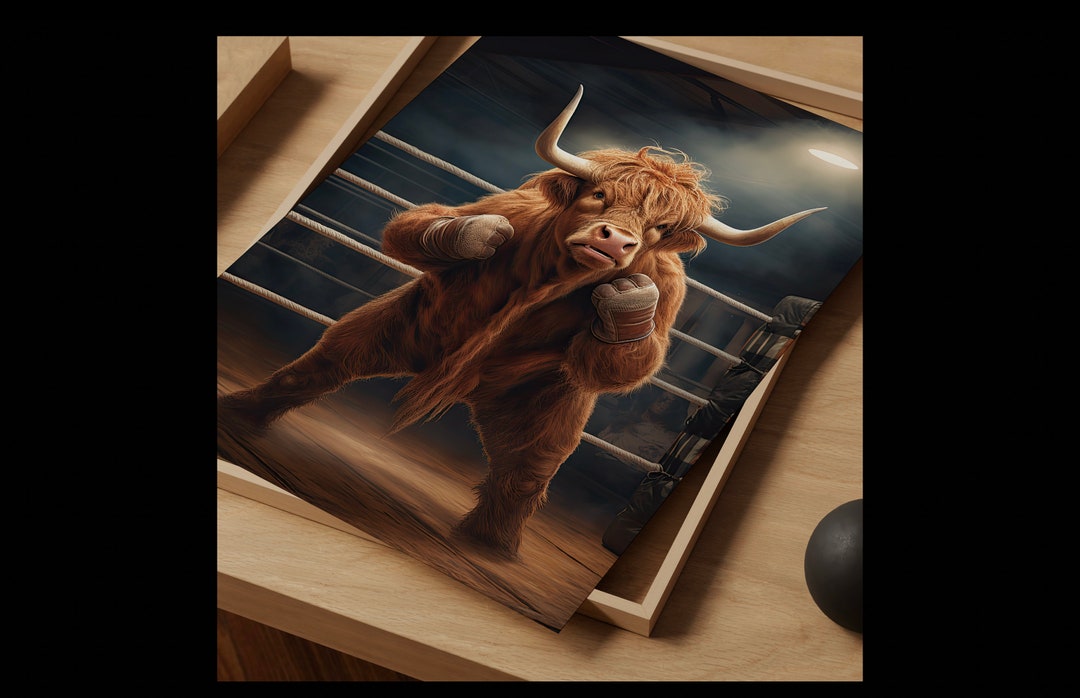 Highland Cow Boxer in the Boxing Ring. Colour Portrait INSTANT DIGITAL ...