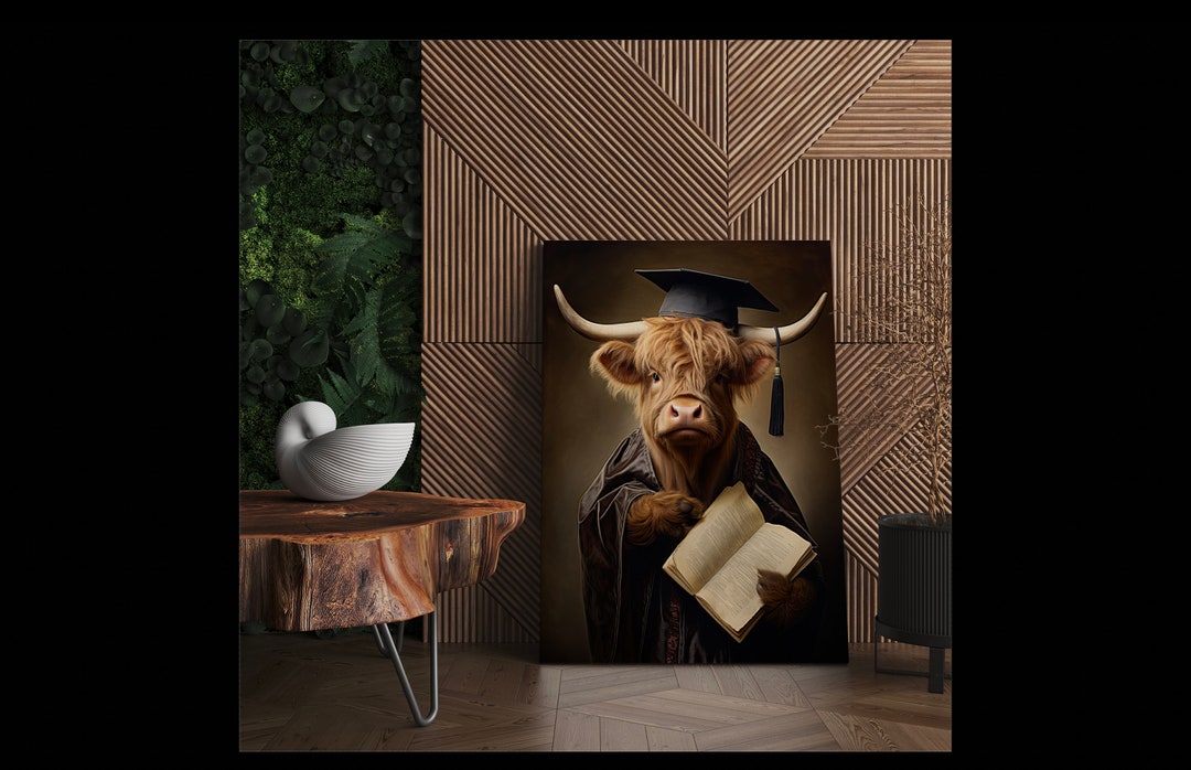 Highland Cow Wearing a Graduation Cap and Holding a Diploma. Colour ...