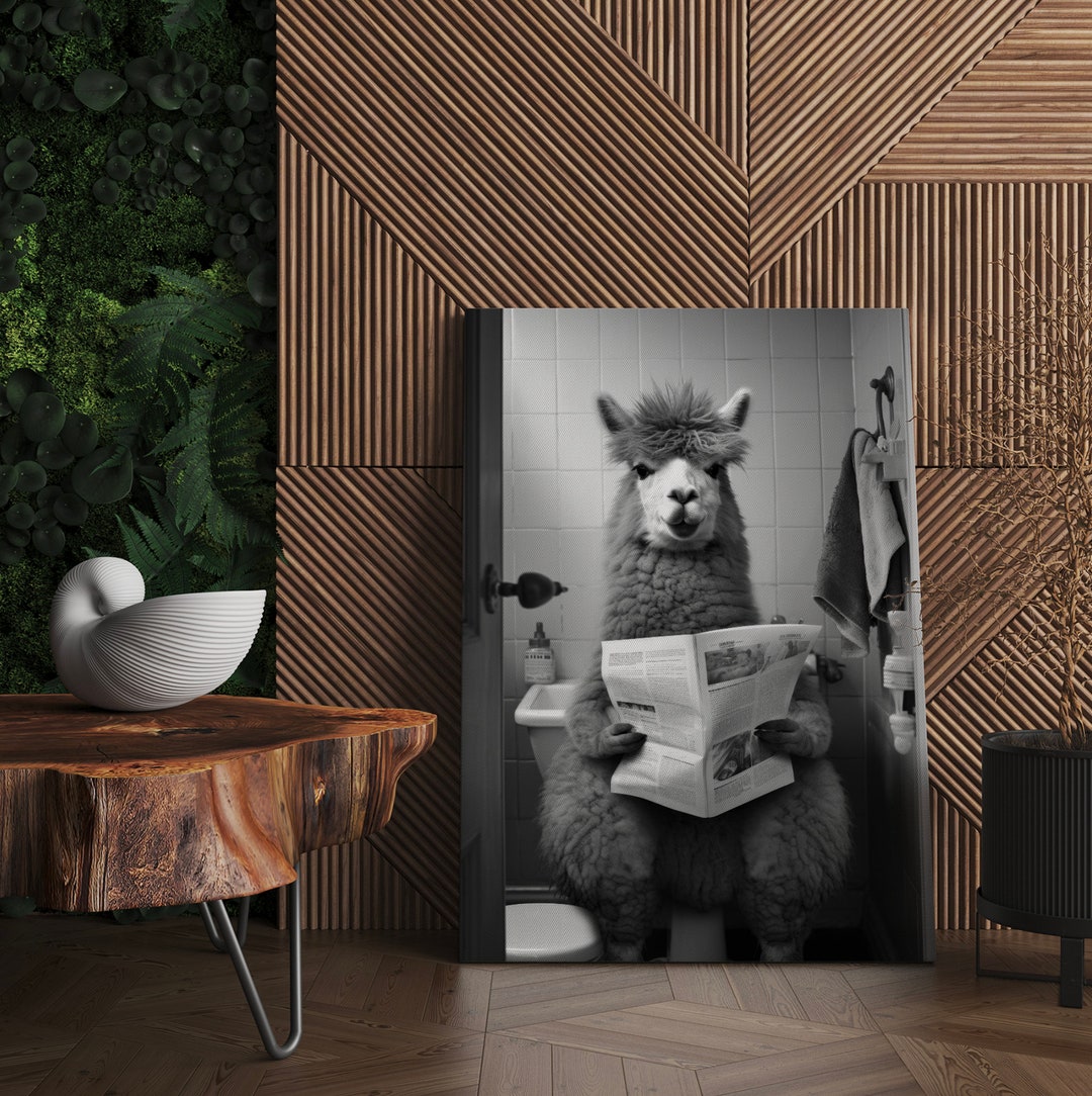 Alpaca Sitting on the Toilet Reading Newspaper Picture. Black White ...