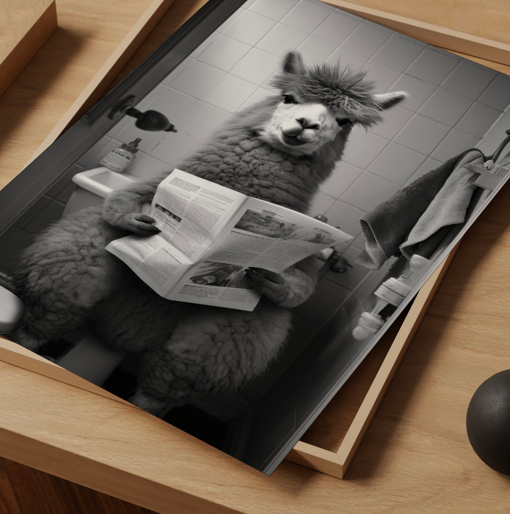 Alpaca Sitting on the Toilet Reading Newspaper Picture. Black White ...