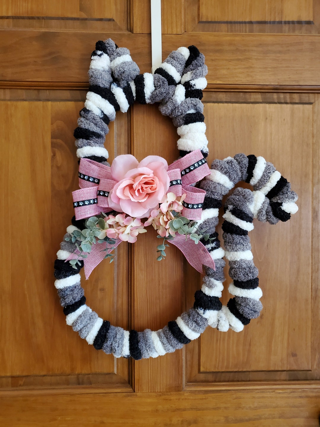Cat Wreath Black, White, Grey Wool OR White Fun Fur, W/ Flowers Spring ...