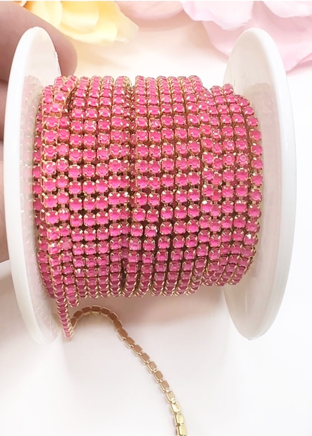 1 YARD 2mm Rhinestones Cup Chain Hot Pink Color in Gold Color Setting ...