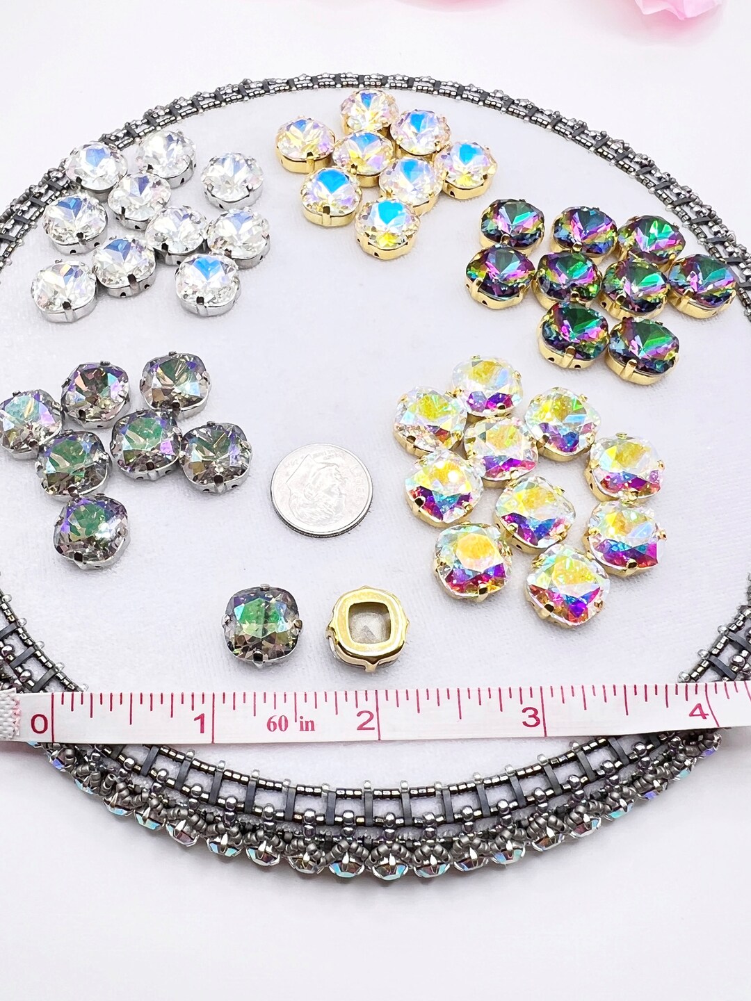 12mm Sew on Cushion Cut Glass Crystal in Gold/silver Color Setting - 1 ...