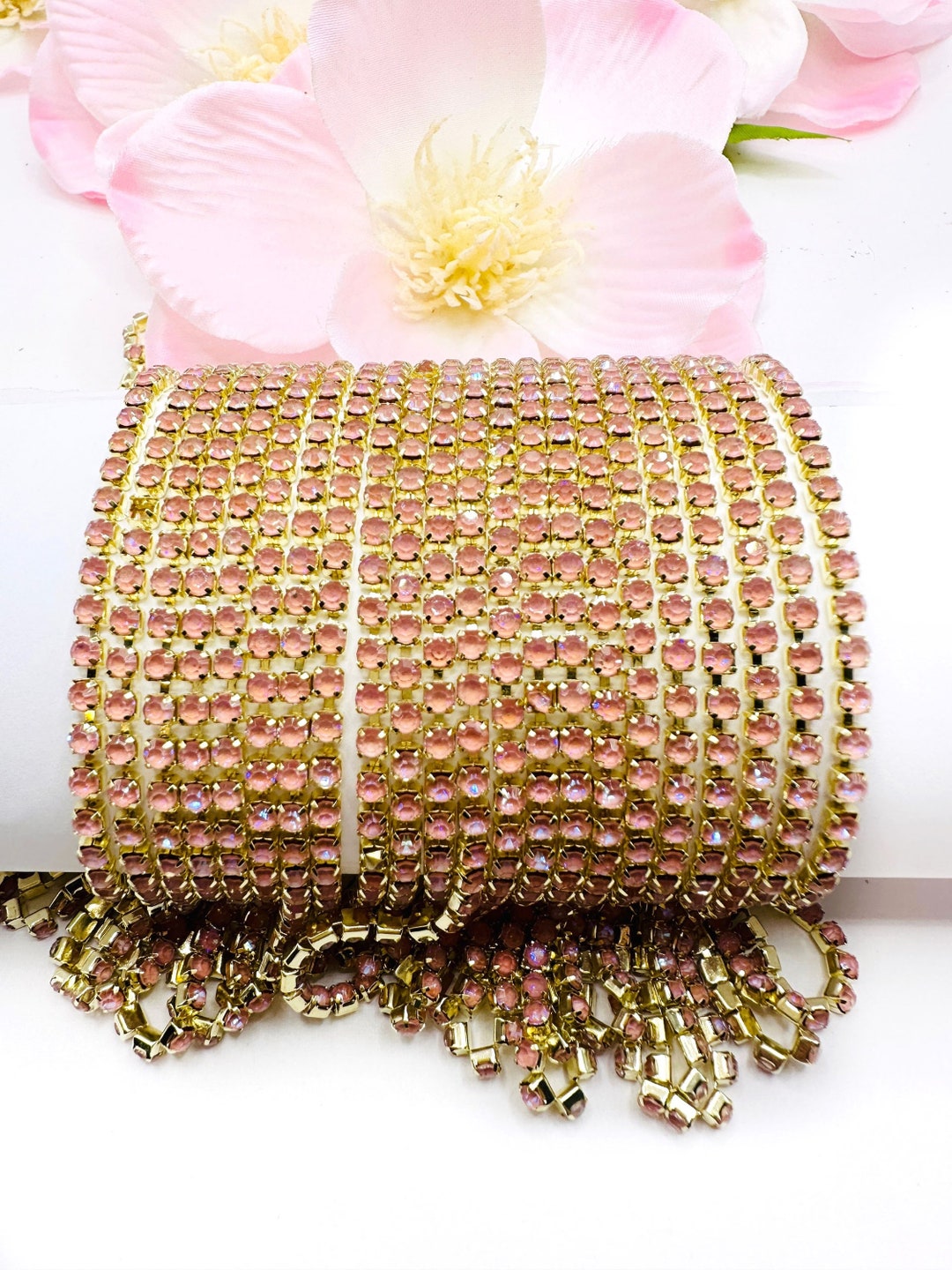 1 YARD 3mm SS12 Fluorescent Peach Rhinestones Cup Chain in Gold Color ...