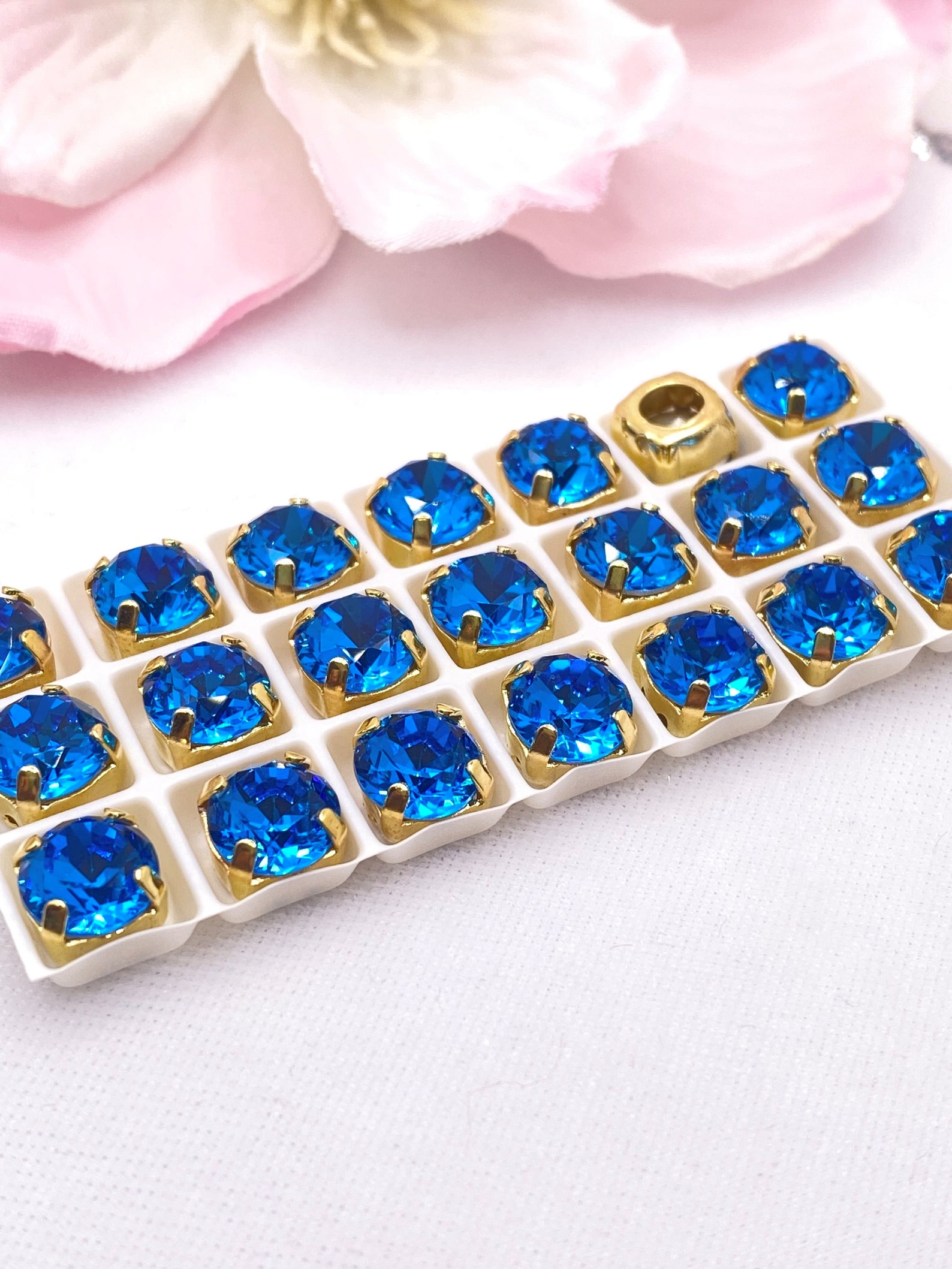 Sew on Round Crystal Capri Blue Color in Gold Color Settings - Etsy