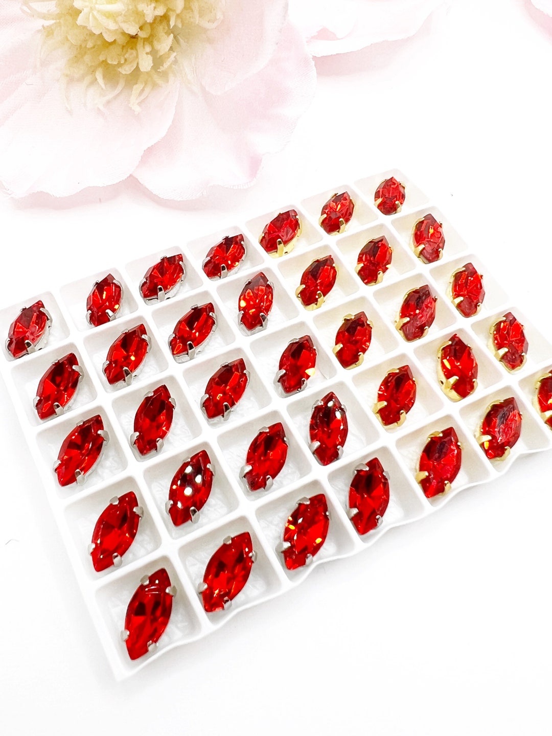 5x10 Mm Sew on Glass Crystal Light Red in Gold/silver Color Setting ...