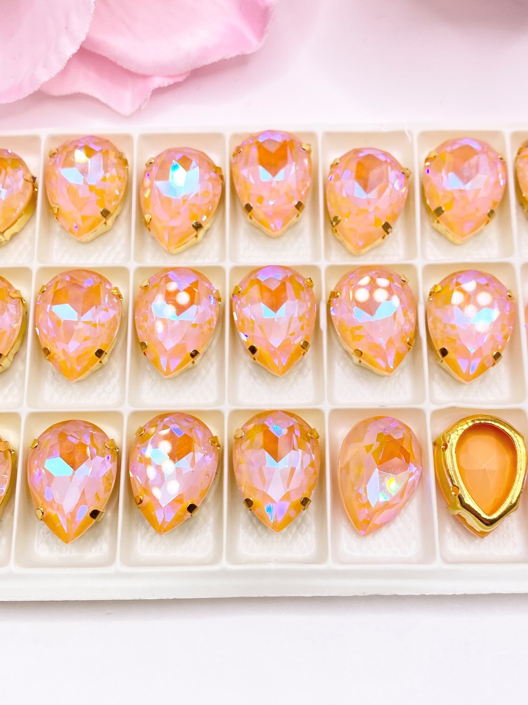 Sew on Glass Crystal Fluorescent Peach Color in Gold Color Setting ...