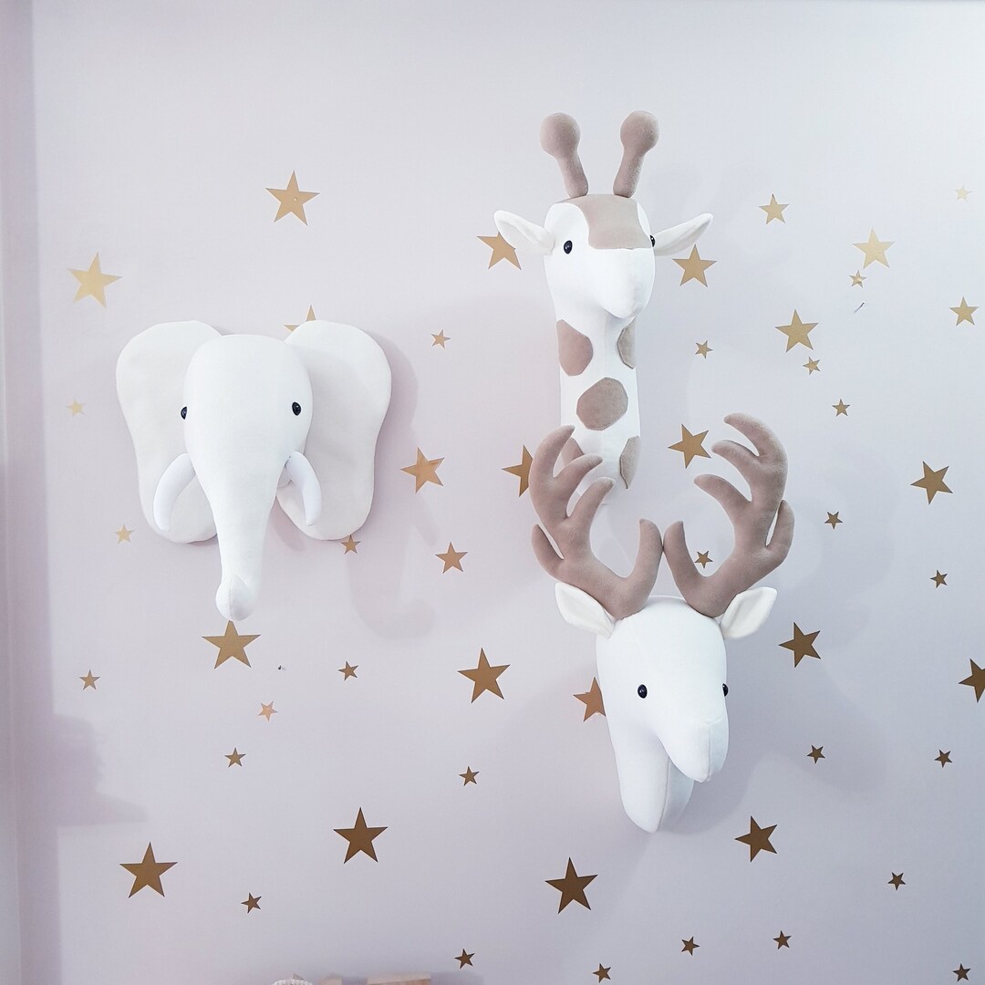 Safari Animal Heads Jungle Nursery Decor, Elephant Giraffe and Deer ...