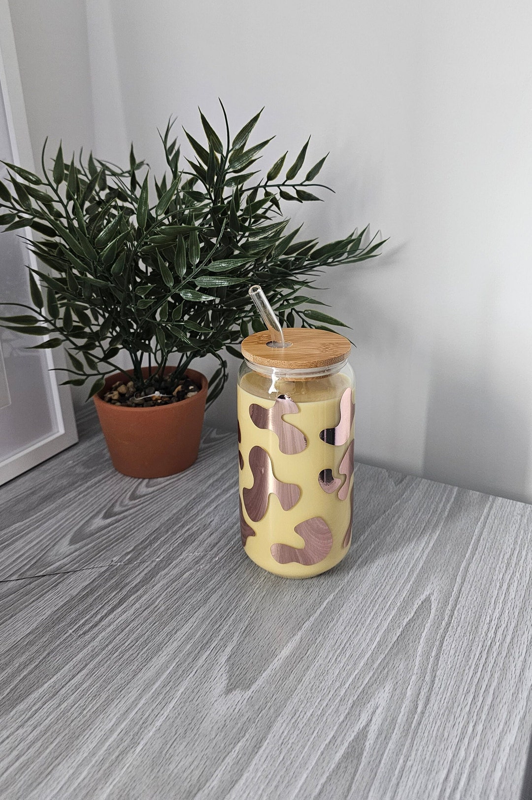 Rose Gold Cow Print Drinking Glass Jars With Lids, Clear Glass Cups ...
