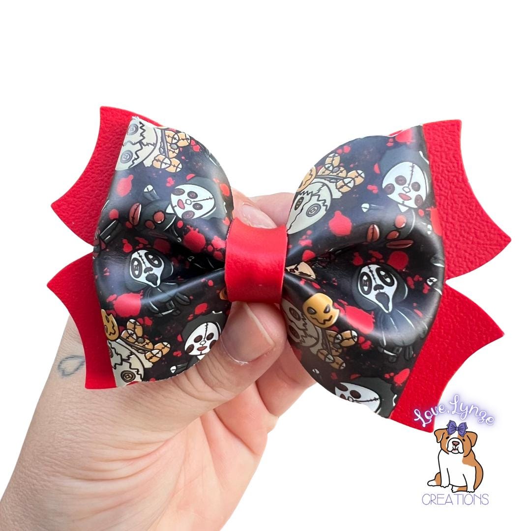 Horror Rag Doll Faux Leather Halloween Hair Bow – Black Blood Splatter ...