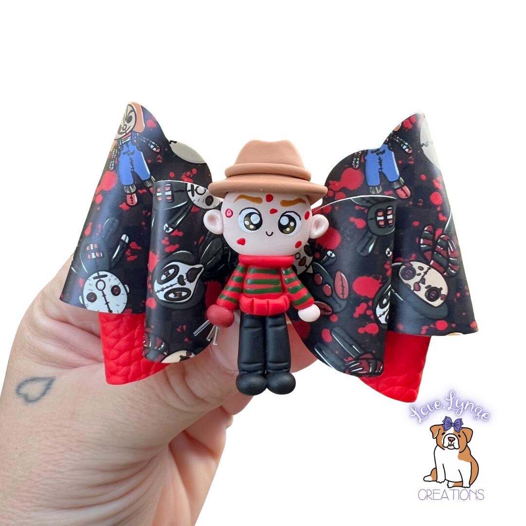 Horror Rag Doll Hair Bow – Faux Leather Blood Splatter, Handmade Clay ...