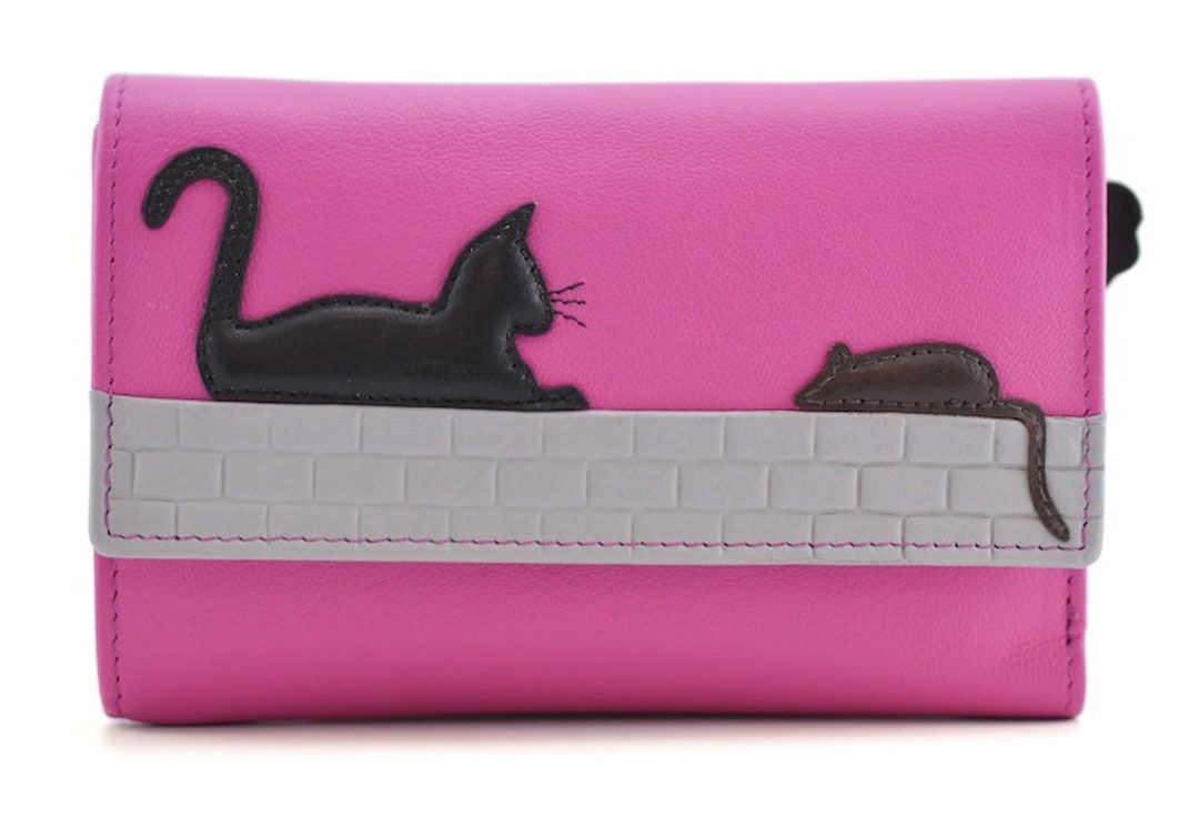 Leather Cat & Mouse Large Tri Fold Purse Pink, Coin and Card Holder ...