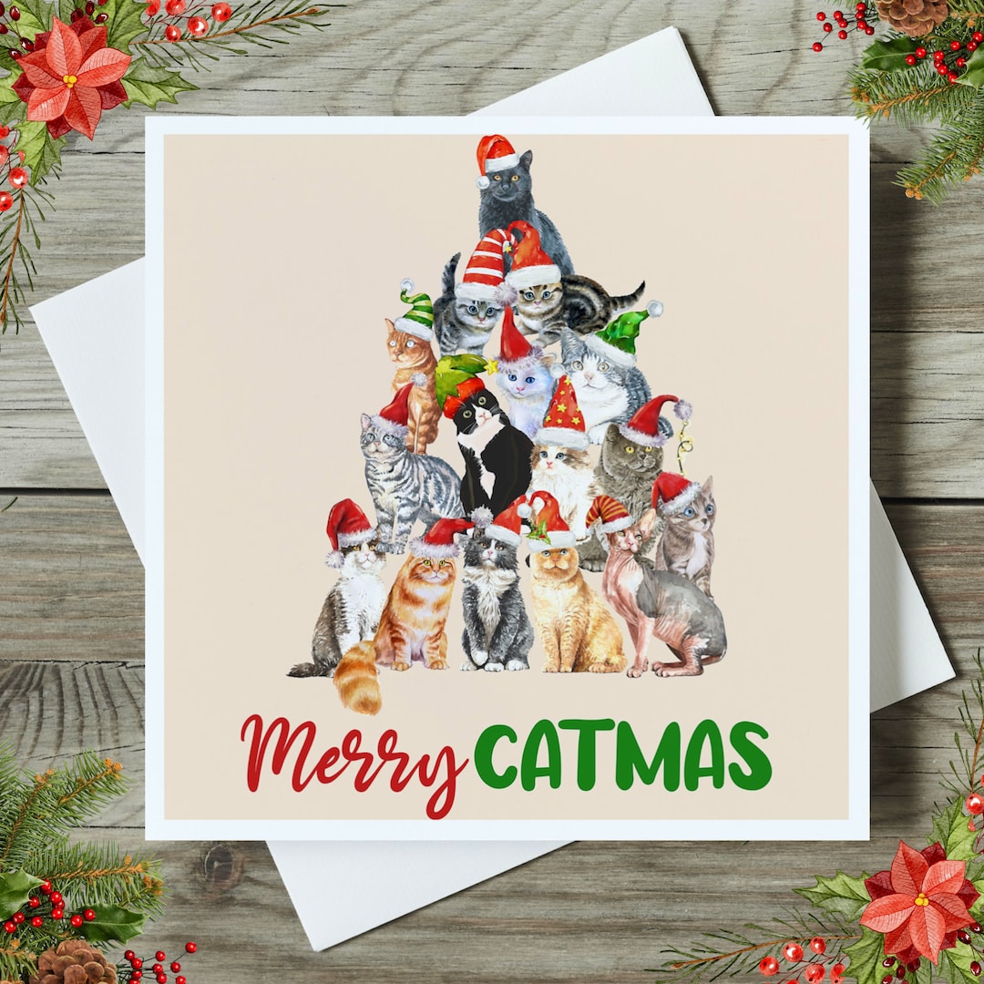 Christmas Tree Cats Card Christmas Cat Card Cat Christmas Card for Cat ...