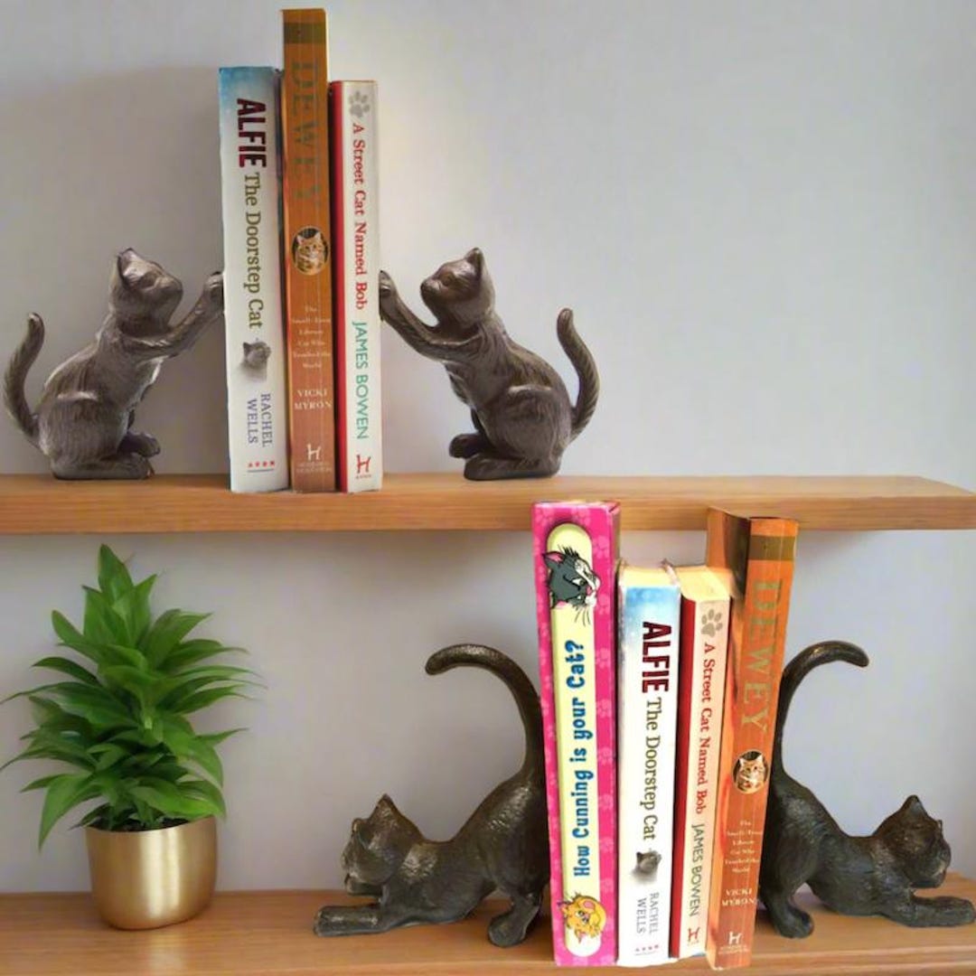 Metal Cat Bookends, Pair of Cast Iron Cat Book Ends, Antique Bronze ...