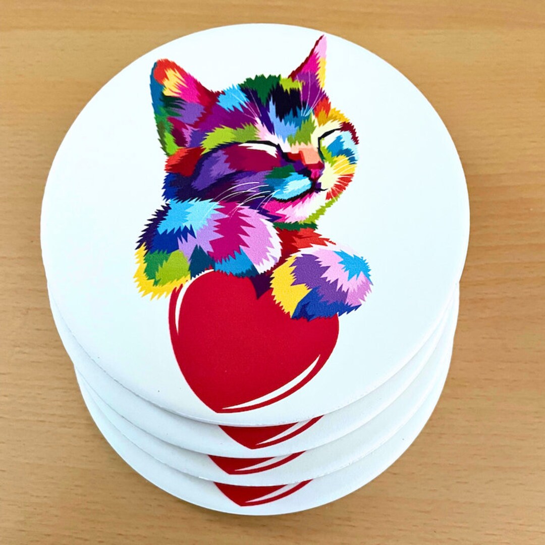 Rainbow Kitten Holding Heart Cat Ceramic Coaster Set of 4 Cat Lady ...