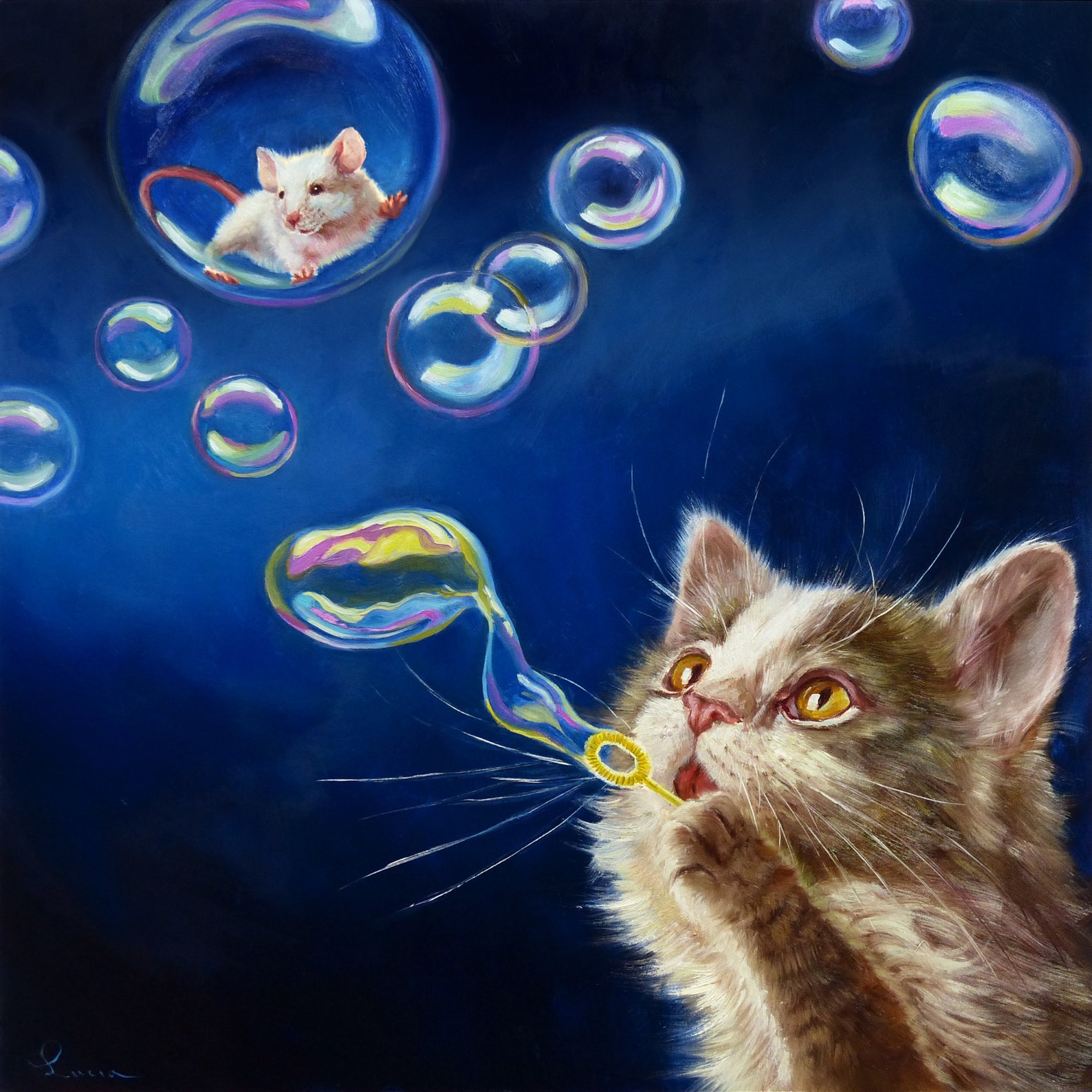 Kitten Blowing Bubbles Cute Cat Art Card Cute Cat Birthday - Etsy