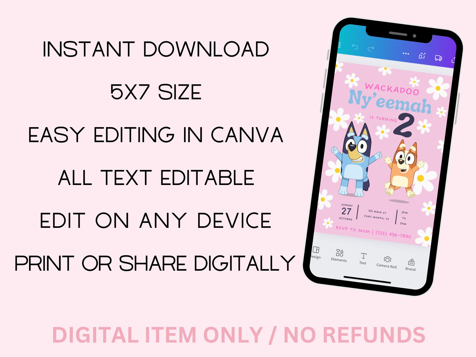 Bluey Birthday Party Invitation, Daisy Pink Bluey Invitation, Birthday ...