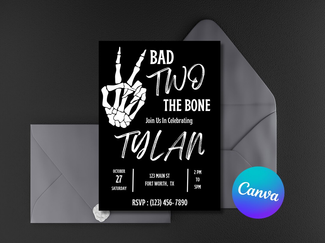 Bad TWO the Bone Birthday Invitation, Rock and Roll Invitation ...