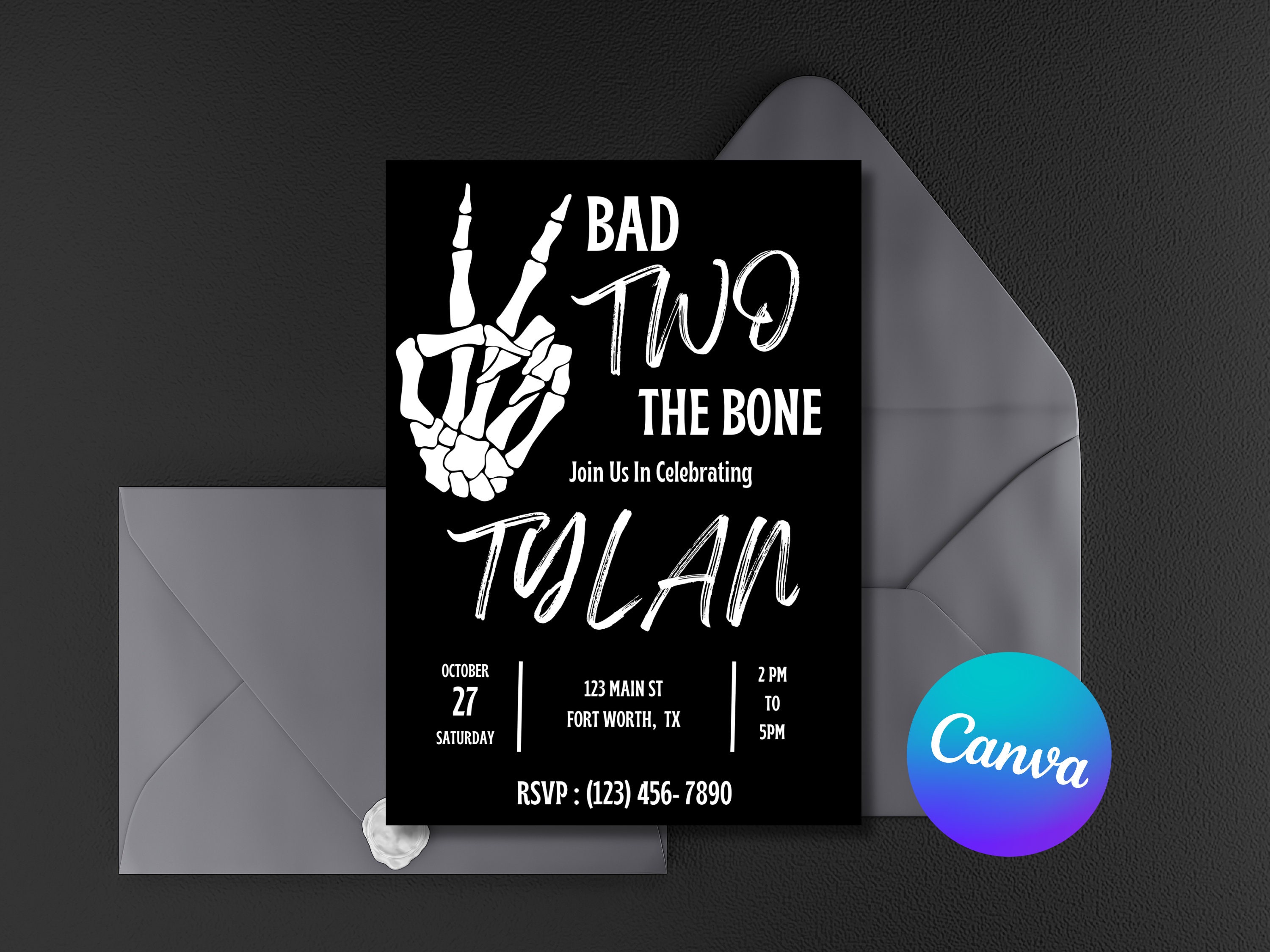 Bad TWO the Bone Birthday Invitation, Rock and Roll Invitation ...