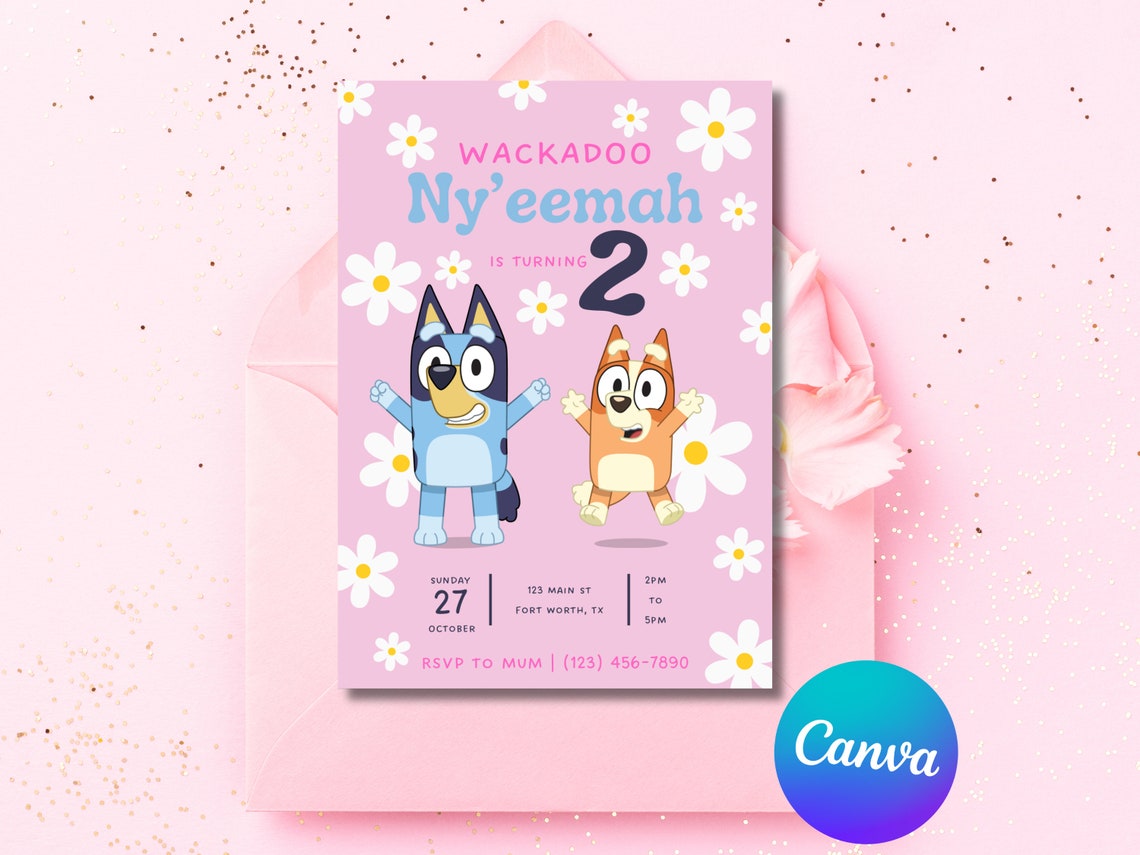Bluey Birthday Party Invitation, Daisy Pink Bluey Invitation, Birthday ...