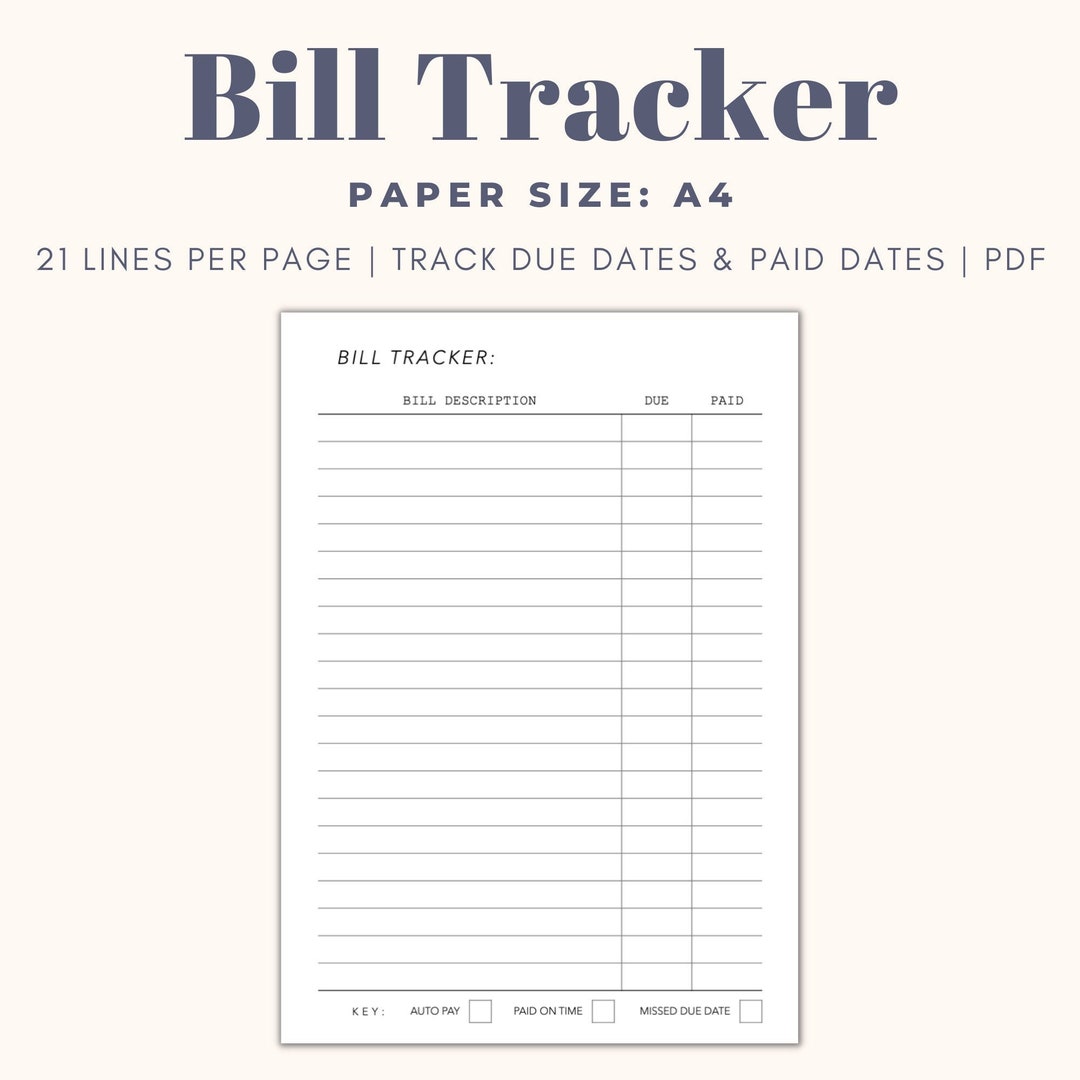 A4 Bill Tracker Planner Printable Digital Bill Payment - Etsy