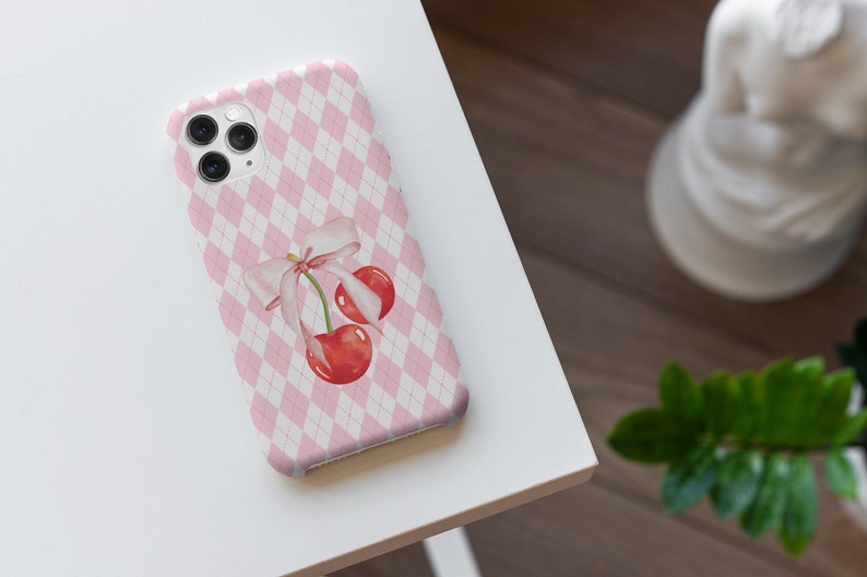 Cherry Argyle With a Bow Slim Phone Case, Cherry Pink Coquette Slim Phone Case for Iphones - Etsy