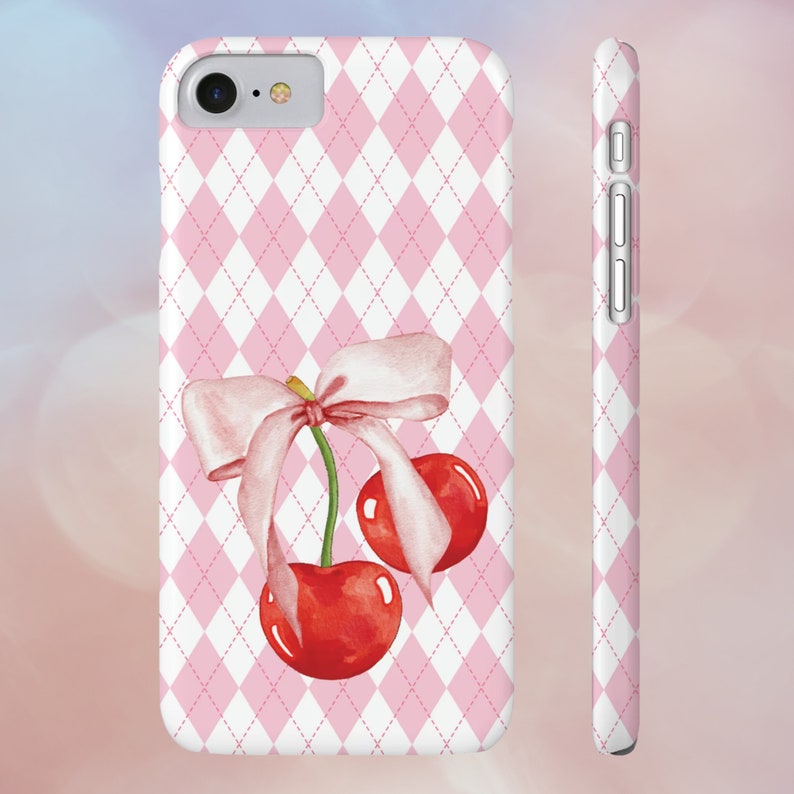 Cherry Argyle With a Bow Slim Phone Case, Cherry Pink Coquette Slim Phone Case for Iphones - Etsy