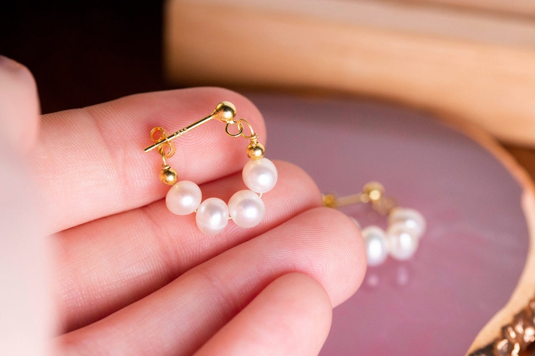 Pearl String Hoop Earrings Gold - Etsy