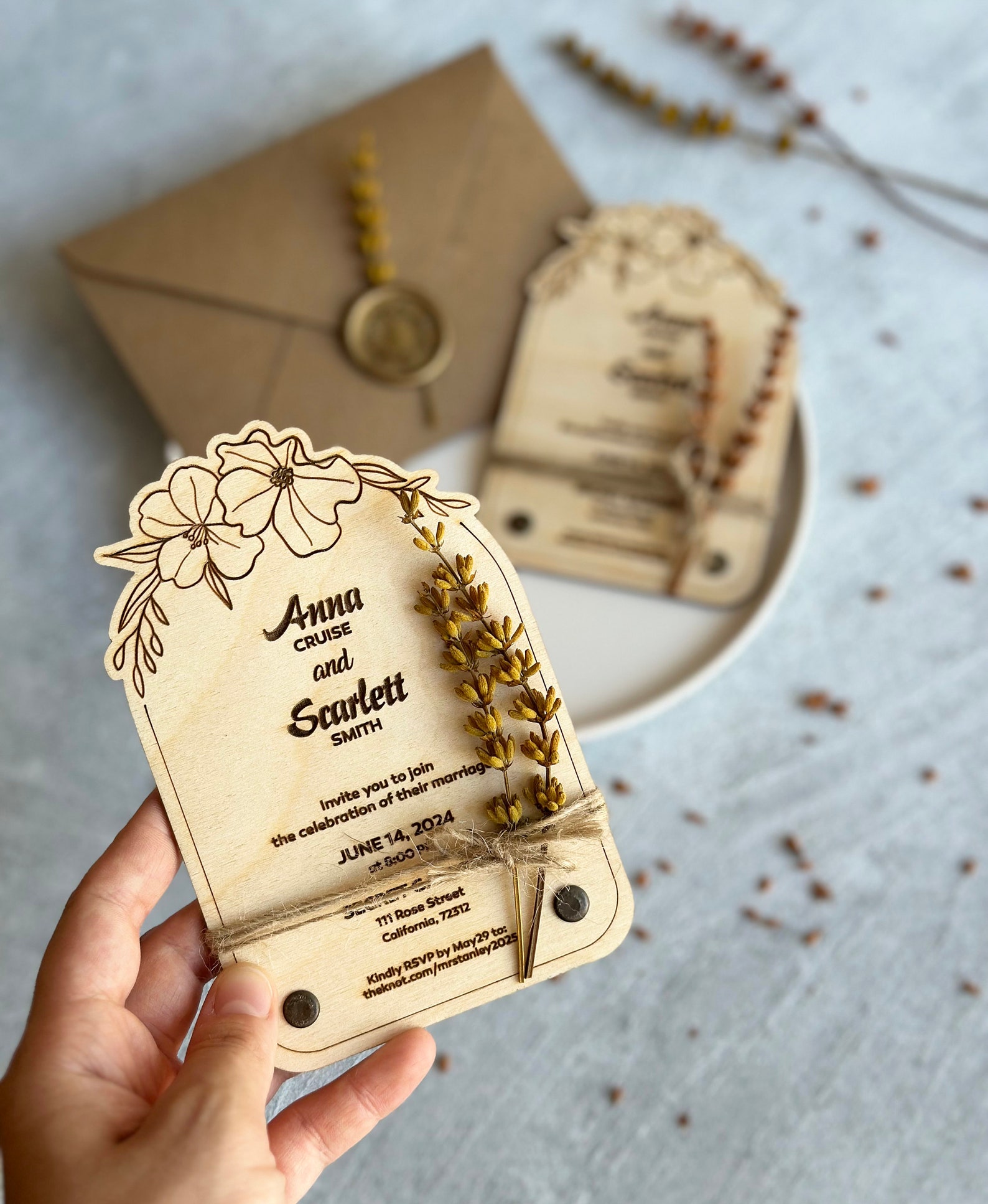 Personalized Wedding Wooden Invitations, Floral Wedding Invivation ...