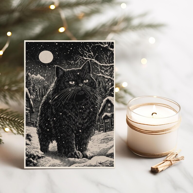 Yule Cat Christmas Card, Printable Winter Solstice Animal Greeting Card ...