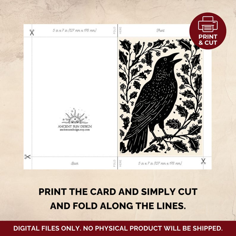Yule Raven Greeting Card, Printable Winter Solstice Woodland Postcard ...