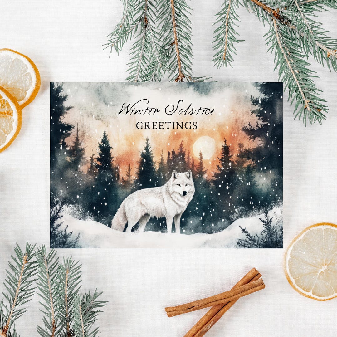 Arctic Wolf Winter Solstice Card, Printable Forest Animal Yule Postcard ...