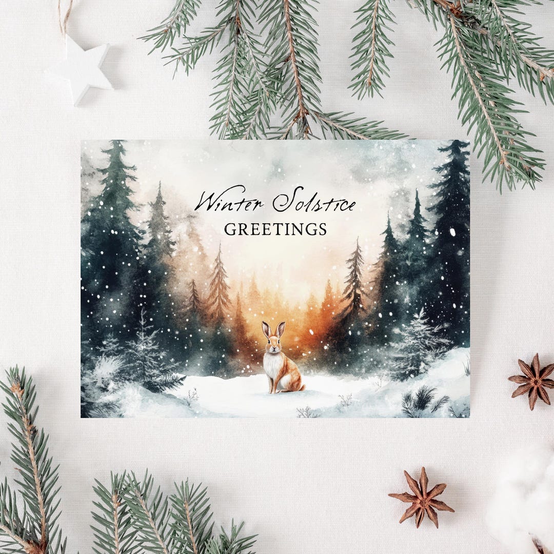 Winter Solstice Printable Rabbit Card, Forest Animal Yule Print, Pagan ...