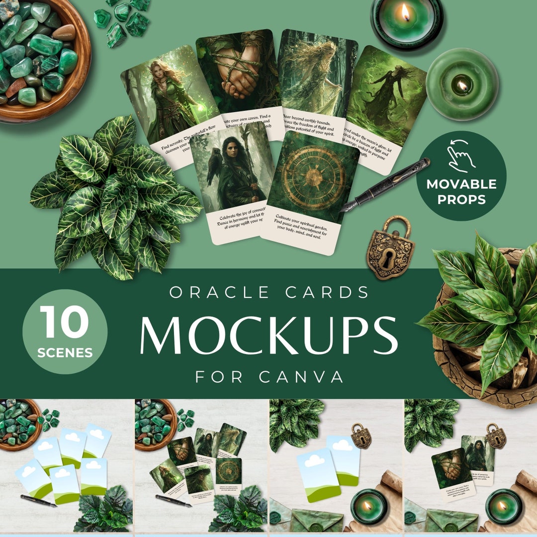 Oracle Card Mockup, Green Oracle Deck Canva Template, Spiritual Flatlay ...