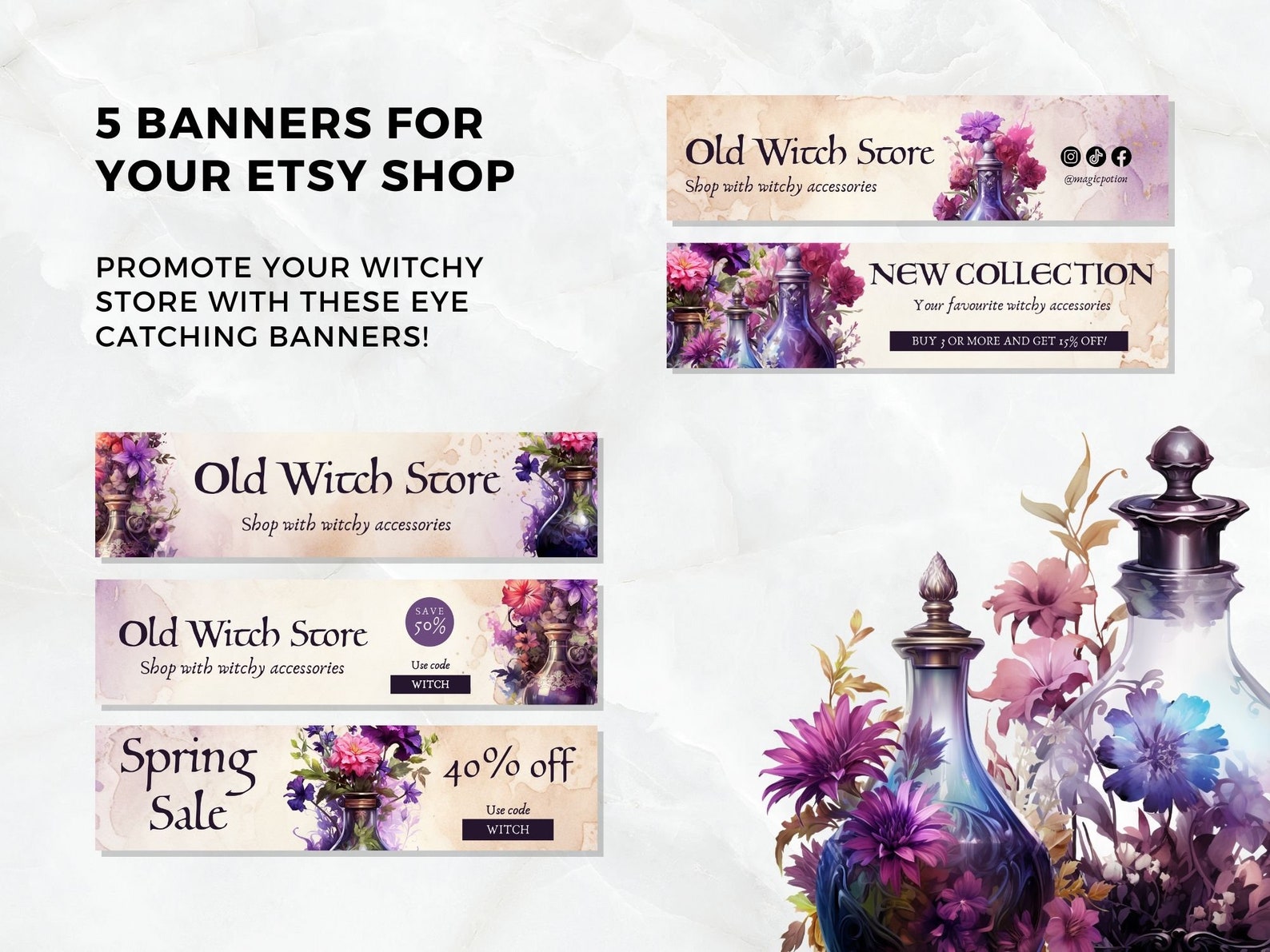 Etsy Shop Banner Pink Purple, Witchy Store Banners With Watercolor ...