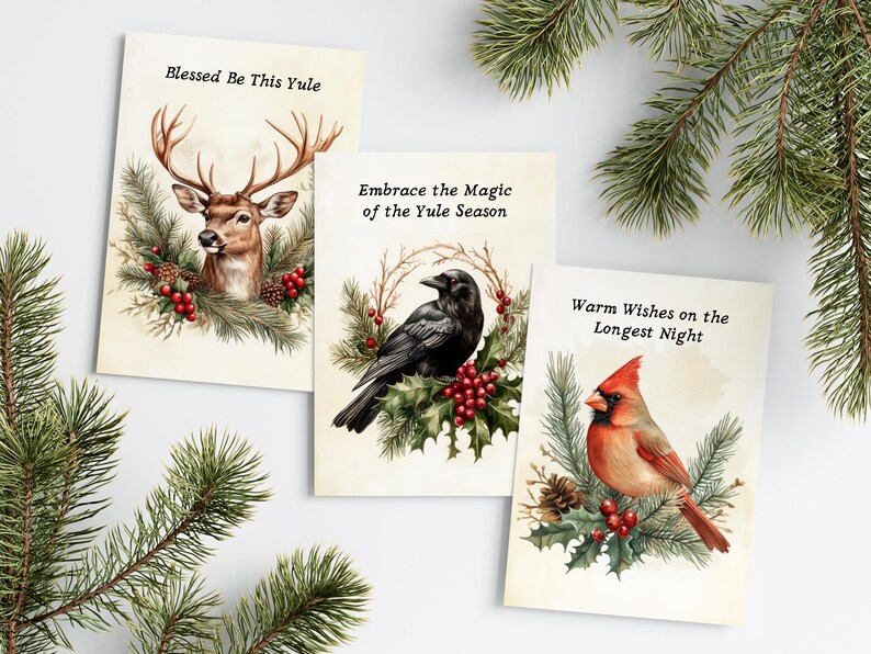 Winter Solstice Card Set, Printable Forest Animal Yule Card Pack, Pagan ...