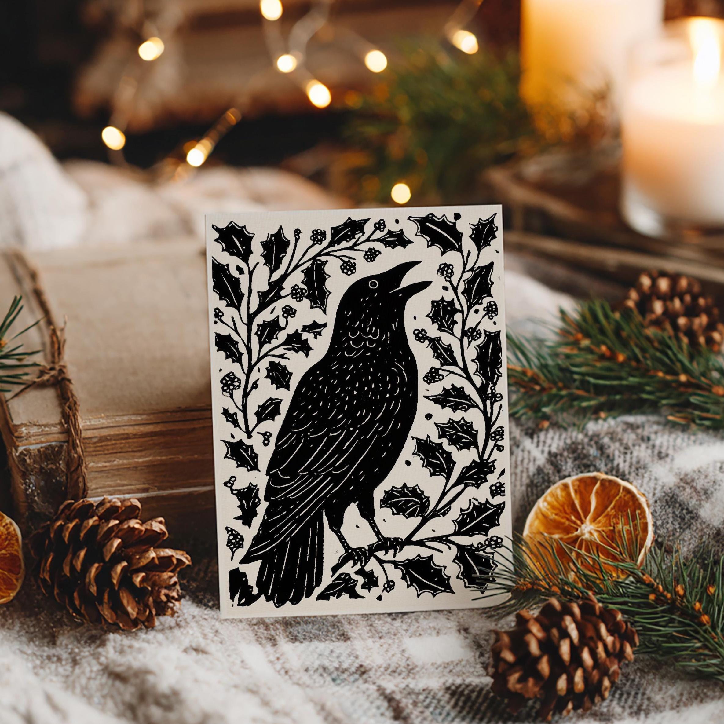 Yule Raven Greeting Card, Printable Winter Solstice Woodland Postcard ...