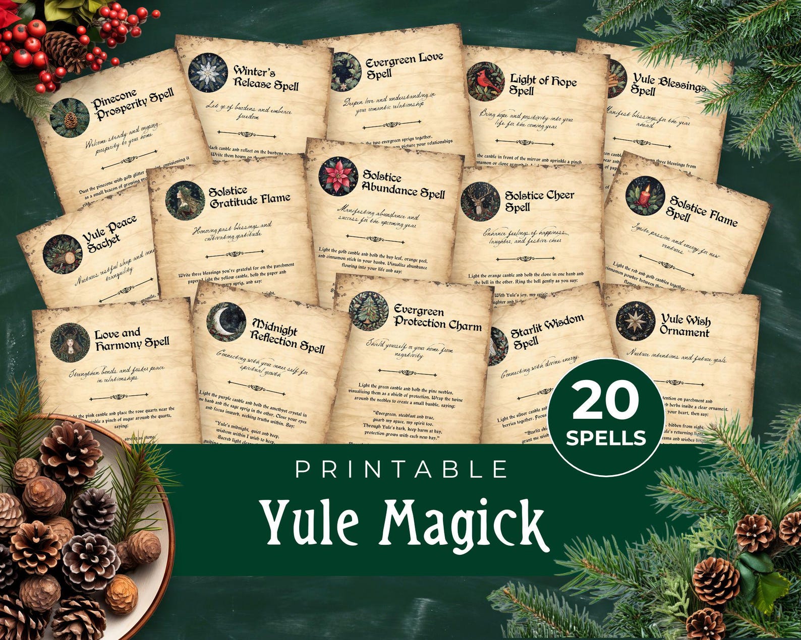 Yule Grimoire Spell Pages, Printable Winter Solstice Cards, Wiccan Junk ...
