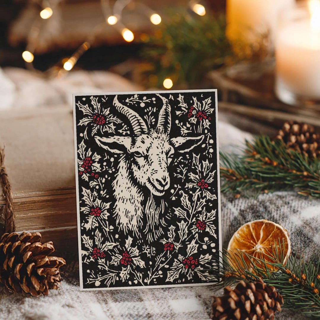 Yule Goat Holiday Card, Printable Pagan Christmas Greetings, Winter ...