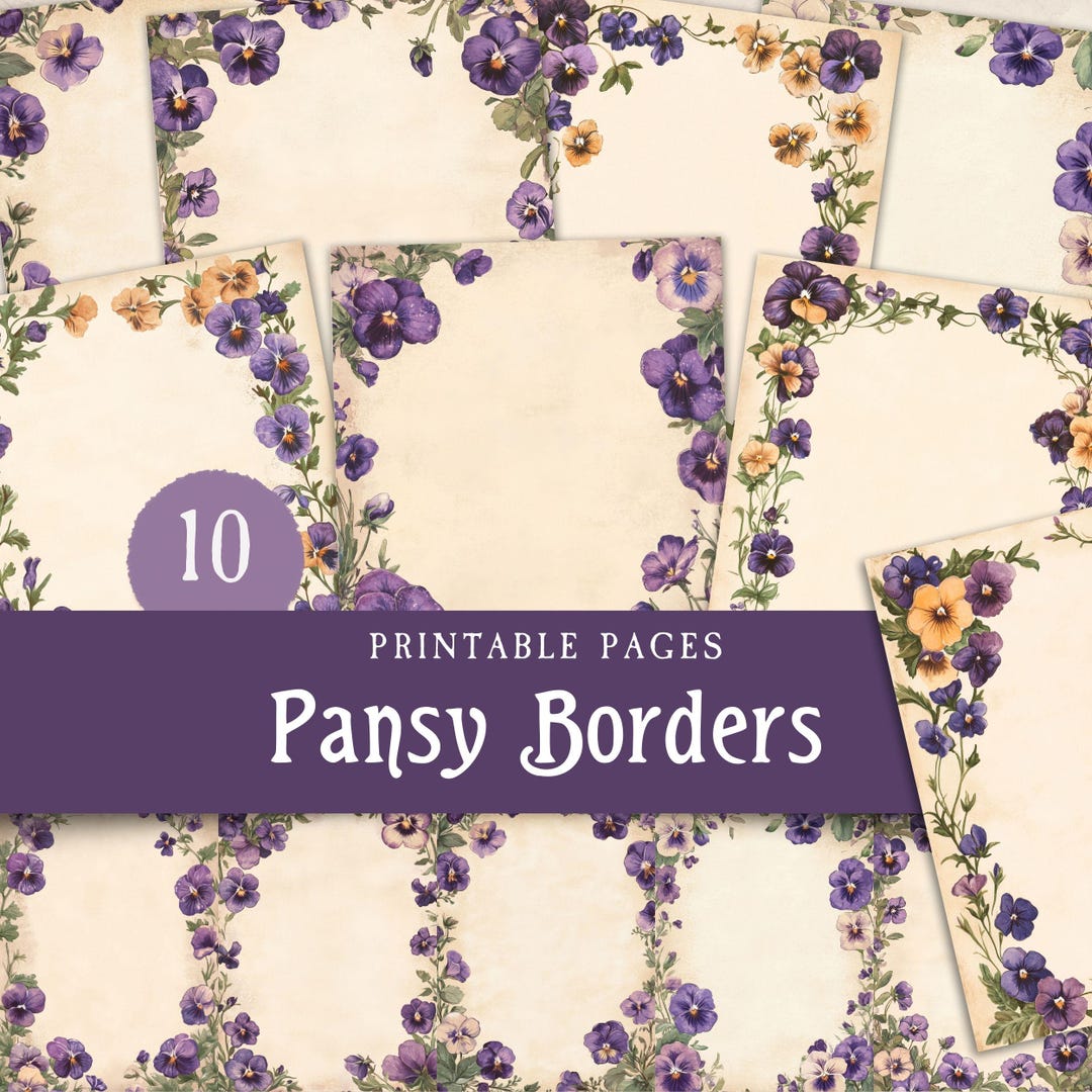 Pansies Junk Journal Borders, Spring Flowers Blank Grimoire Pages ...