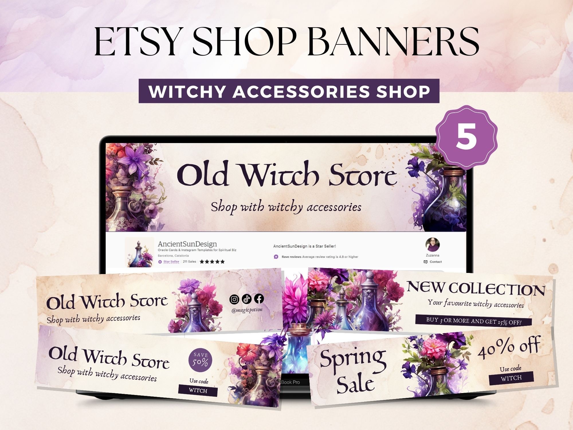 Etsy Shop Banner Pink Purple, Witchy Store Banners With Watercolor ...