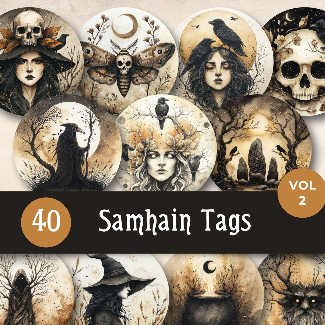 Samhain Round Tags, Printable Pagan Halloween Party Labels, Spooky ...