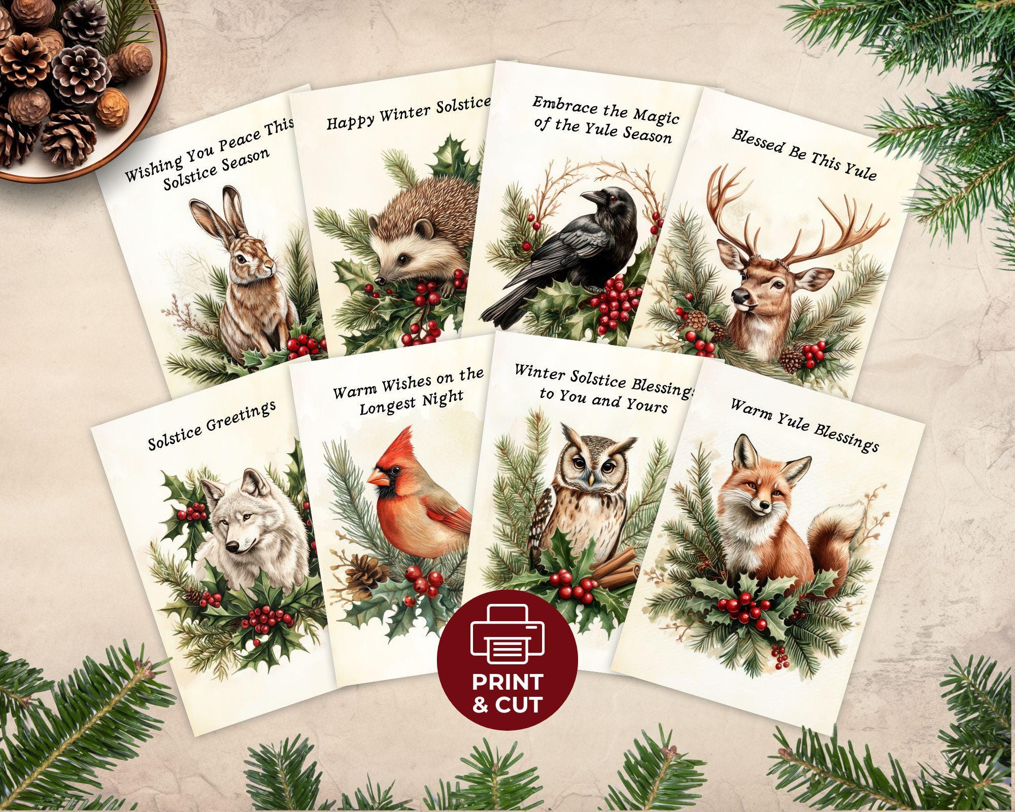Winter Solstice Card Set, Printable Forest Animal Yule Card Pack, Pagan ...