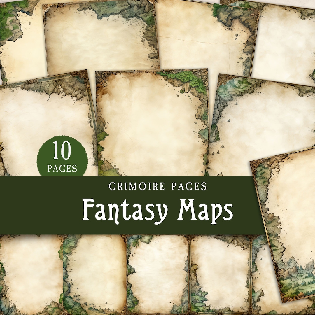 Fantasy Map Borders Junk Journal Paper, Green Witch Blank Grimoire ...