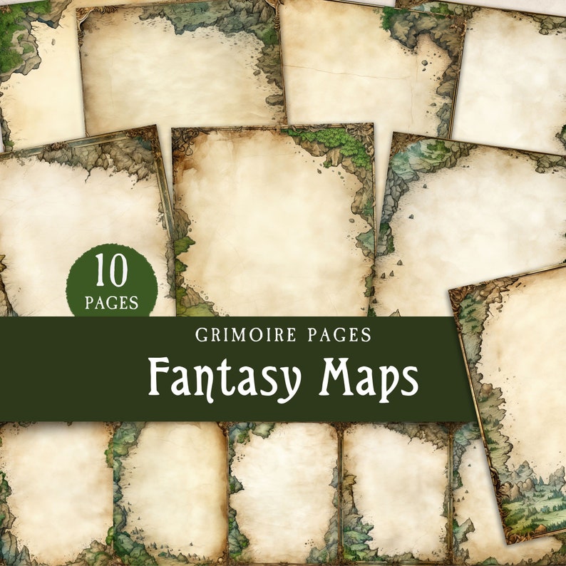 Fantasy Map Borders Junk Journal Paper, Green Witch Blank Grimoire Pages, Medieval Landscape ...