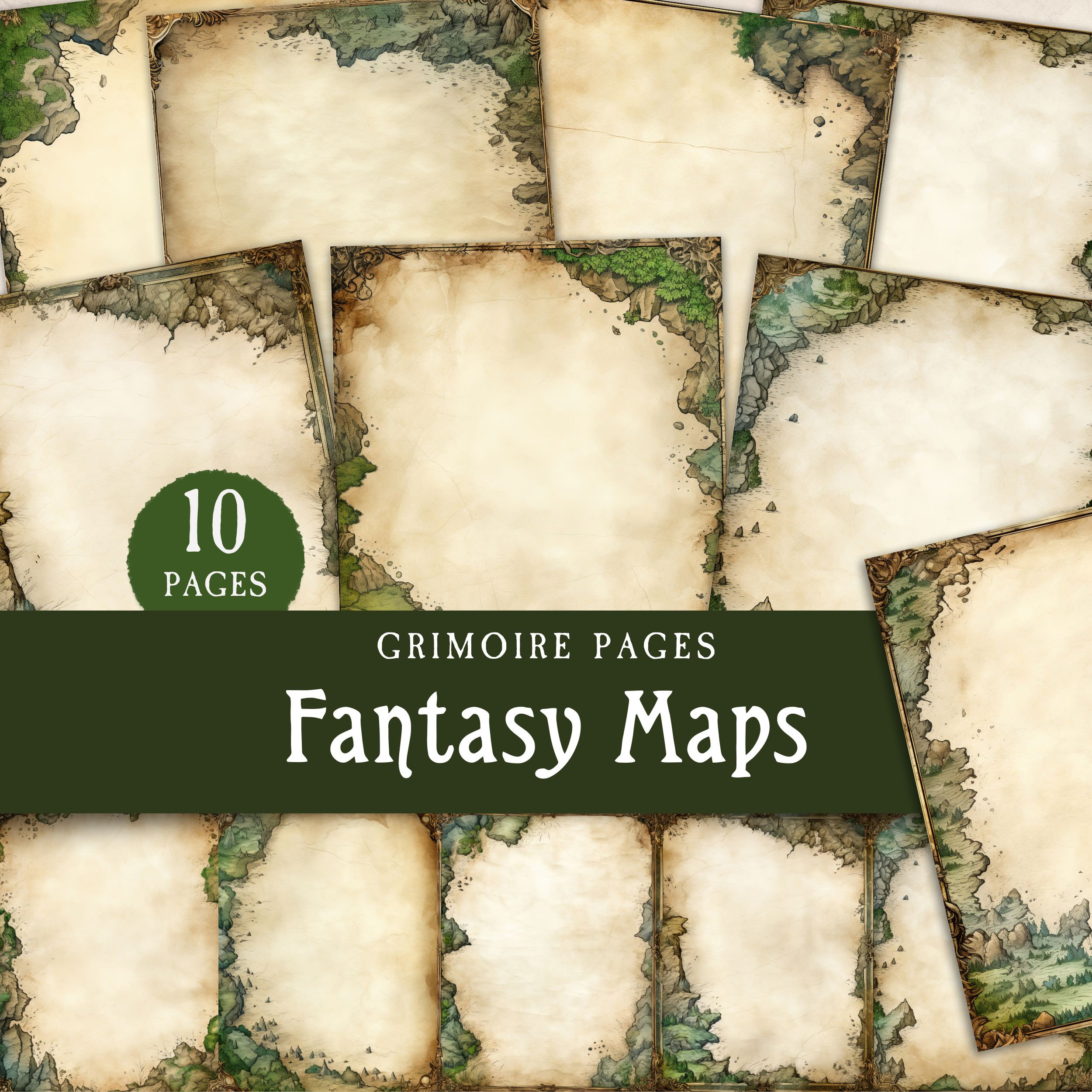 Fantasy Map Borders Junk Journal Paper, Green Witch Blank Grimoire ...