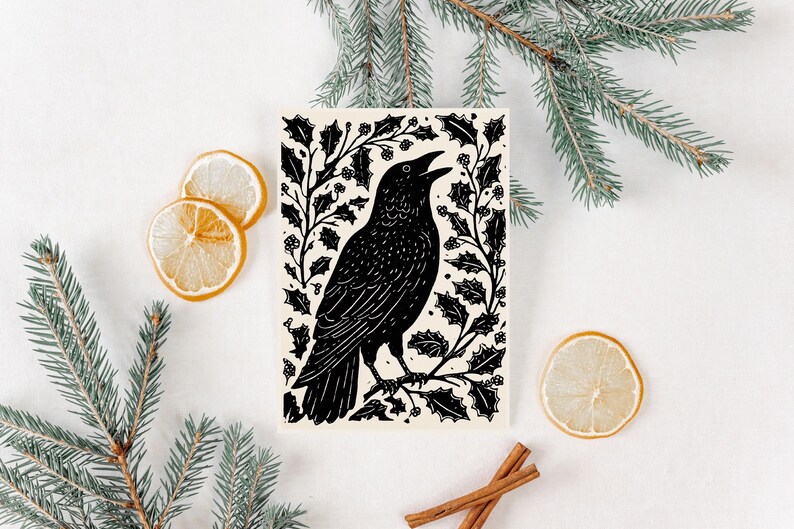 Yule Raven Greeting Card, Printable Winter Solstice Woodland Postcard ...