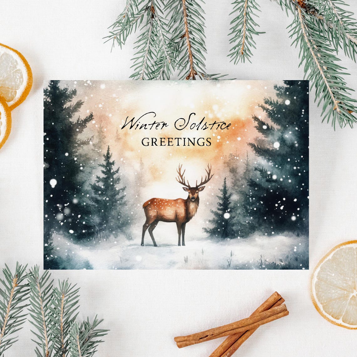 Printable Winter Solstice Card, Festive Deer Yule Postcard, Pagan ...