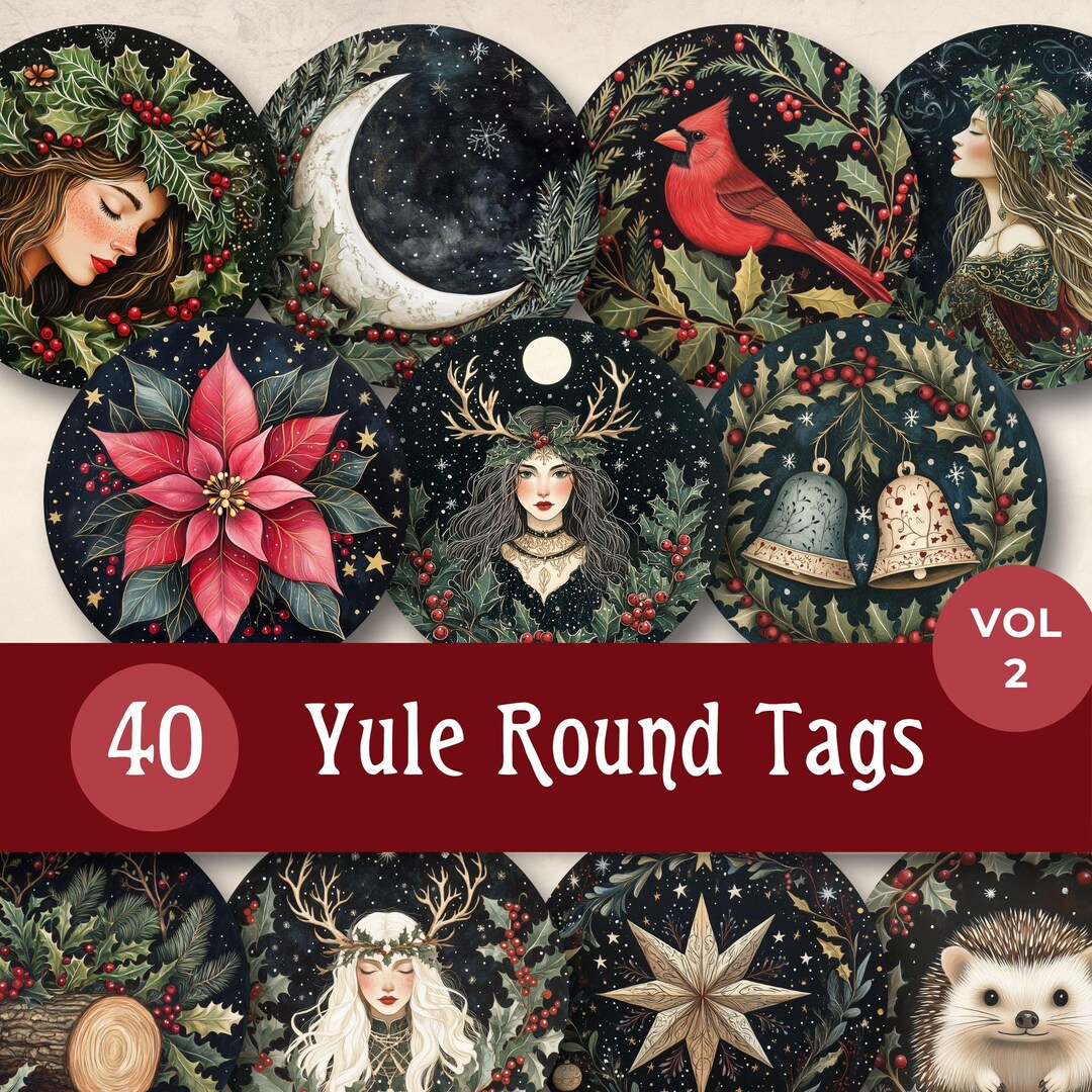 Yule Christmas Round Tags, Printable Winter Solstice Tree Ornaments ...